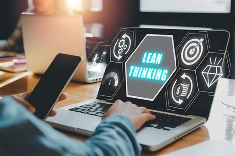 Premium Photo Lean Thinking Concept Person Using Computer In Cafe With Lean Thinking Icon On
