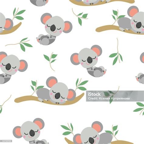 유칼립투스 나무 가지에 자고 코알라 곰 아기와 원활한 패턴 간단한 평면 그림입니다 만화 스타일입니다 귀엽고 재미있습니다 어린이 용 침대 린넨 벽지 섬유 및 포장지 0명에