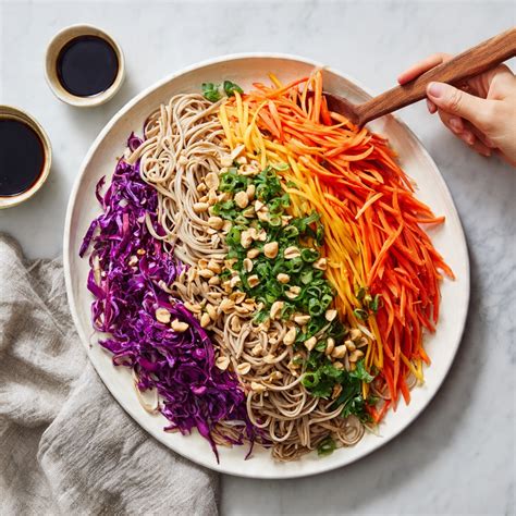 Light Vegan Soba Noodles With Fresh Vegetables And Sesame Dressing
