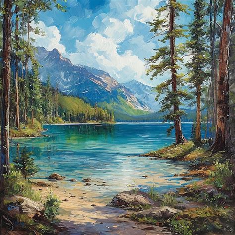 Peinture à Lhuile Réaliste Dun Paysage Serein Au Bord Dun Lac