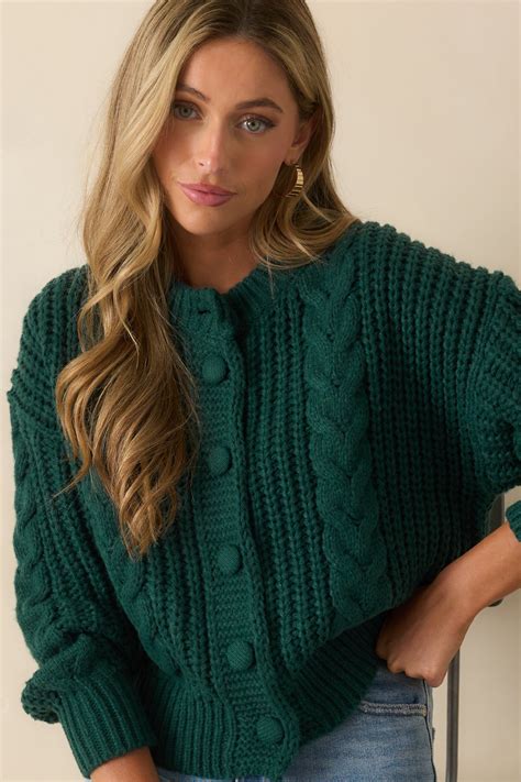 Forest Green Cable Knit Button Up Cardigan Womens Tops Red Dress