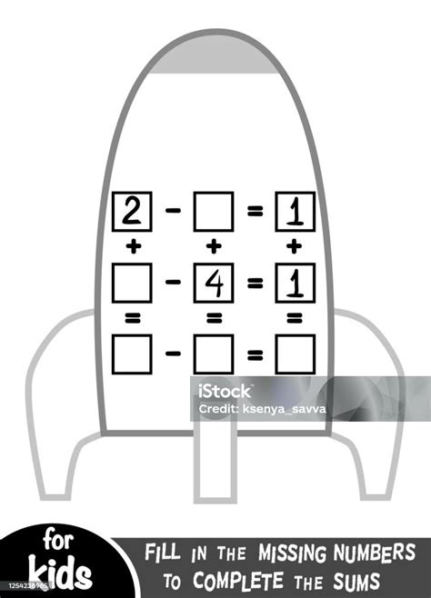 유치원 어린이를위한 계산 게임 교육 수학 게임 우주선의 추가 및 감산 워크시트 수학에 대한 스톡 벡터 아트 및 기타 이미지 수학 수학 기호 여가활동 게임 Istock
