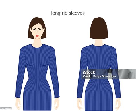 갈비뼈 긴 니트 길이 옷 캐릭터 아름 다운 아가씨 블루 탑 셔츠 드레스 테크니컬 패션 일러스트 장착 플랫 의류 템플릿 앞면 뒷면 여성 남성 남녀 공용 Cad 모형 T 셔츠에