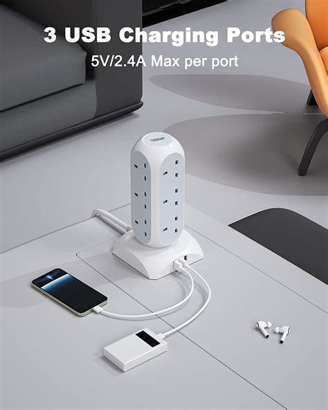 Tessan Extension Plug Tower Extension Socket With 3 Usb C Surge