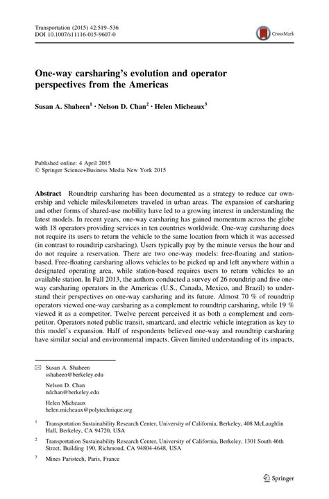 Pdf One Way Carsharings Evolution And Operator Perspectives From The Americas