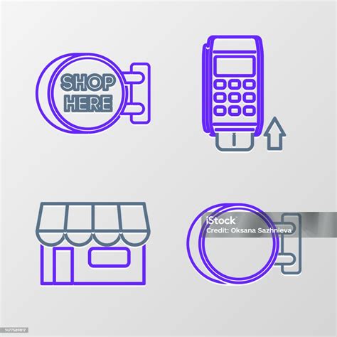 세트 라인 간판 걸이 쇼핑 건물 또는 시장 상점 Pos 터미널 삽입 된 신용 카드 및 비문 상점 여기에 아이콘 벡터 0명에 대한 스톡 벡터 아트 및 기타 이미지 Istock