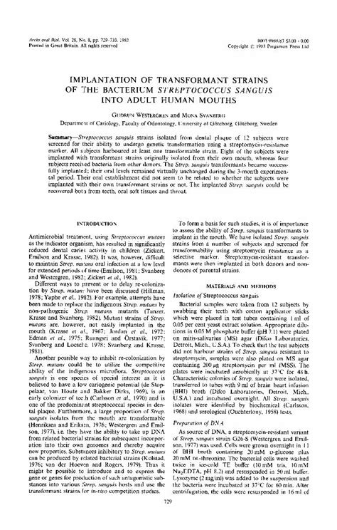 Pdf Implantation Of Transformant Strains Of The Bacterium Streptococcus Sanguis Into Adult