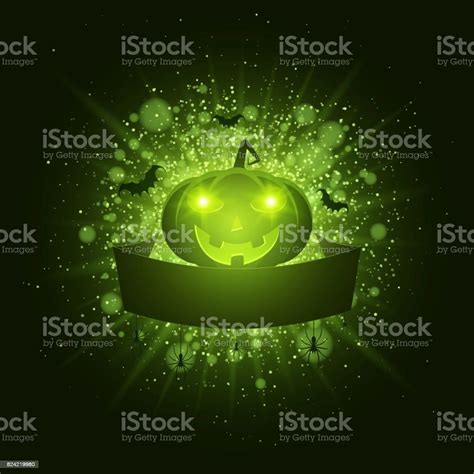 즐거운 할로윈 보내세요 빈 리본 배너입니다 녹색 조명으로 빛의 추상 밝은 플래시 그린 만화 악마 호박 거미 그리고 박쥐입니다 휴가 대 한 초대 카드입니다 벡터 일러스트 레이