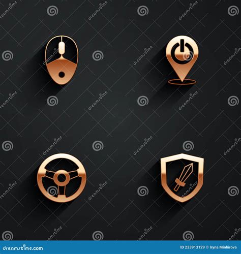 Set Computer Mouse Power Button Racing Simulator And Sword For Game Icon With Long Shadow