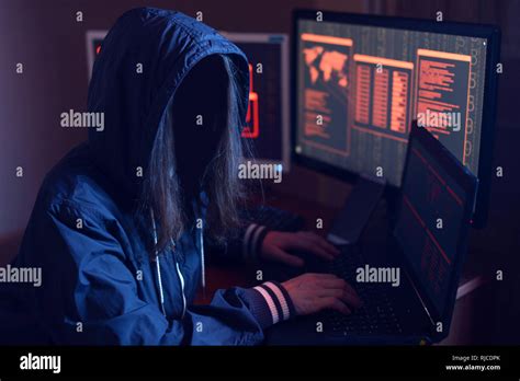 Anonymous Hacker Girl With No Face Typing The Code Tries To Hack The System And Steal Accesses