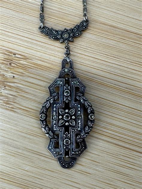 Antique Art Deco Sterling Silver Marcasite Pendant Necklace Ebay