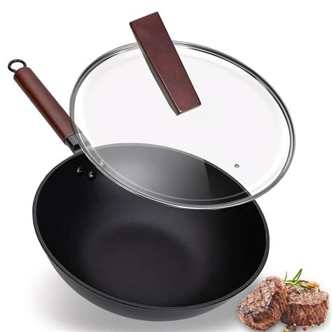 Sartén Wok De 13 Pulgadas Con Tapa Wok De Acero Al Carbono Para