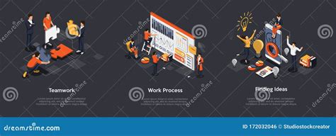 Isometric Set Of Teamwork Process Work Process And Finding Ideas Concept 3d Isometric