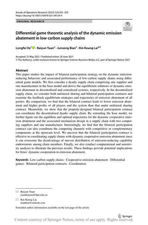 Differential Game Theoretic Analysis Of The Dynamic Emission Abatement In Low Carbon Supply