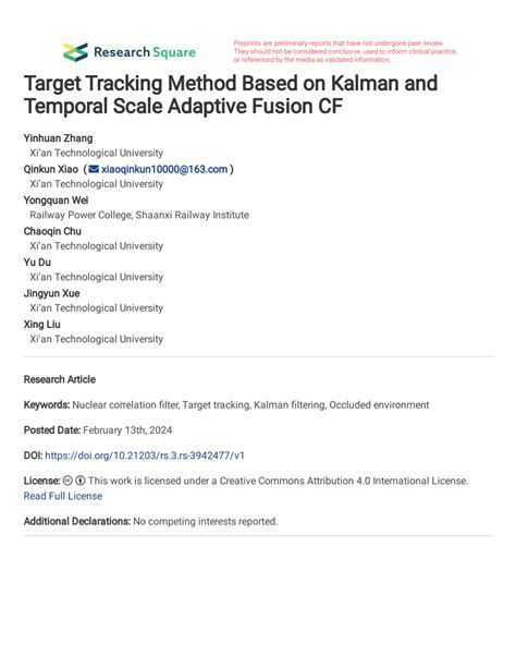 Pdf Target Tracking Method Based On Kalman And Temporal Scale Adaptive Fusion Cf
