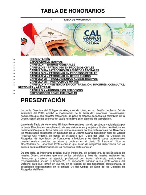 Tabla De Honorarios Abogado Pdf Perú Gobierno