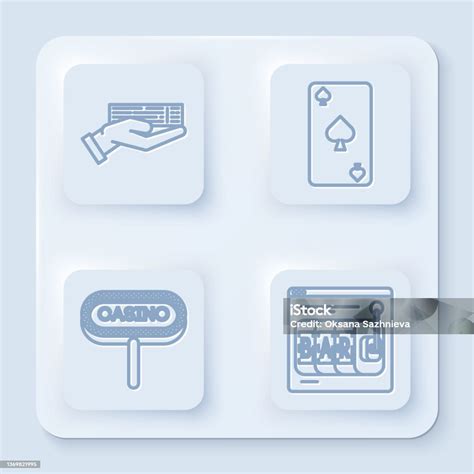 세트 라인 핸드 홀딩 덱 의 카드 스페이드 기호와 카드 재생 카지노 간판 및 온라인 슬롯 머신 흰색 정사각형 버튼 벡터 일러스트레이션에 대한 스톡 벡터 아트 및 기타 이미지