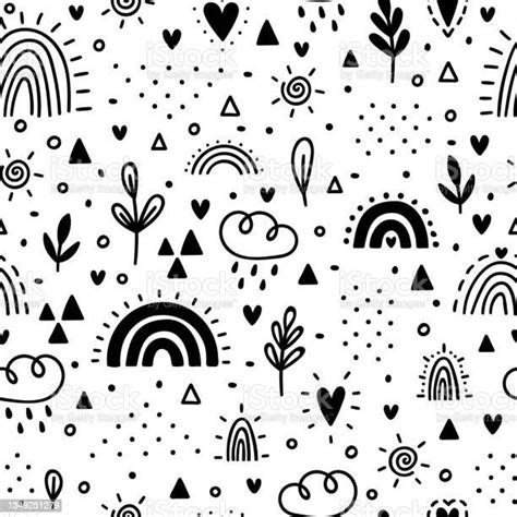 손으로 그린 매끄러운 패턴 무지개와 유치한 배경 직물 직물 천 포장지를위한 트렌디 한 질감 어린이를위한 보육 디자인 0명에 대한