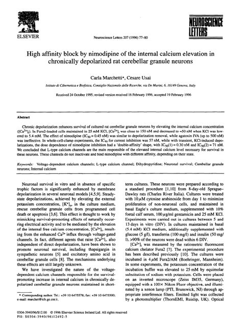 Pdf High Affinity Block By Nimodipine Of The Internal Calcium Elevation In Chronically
