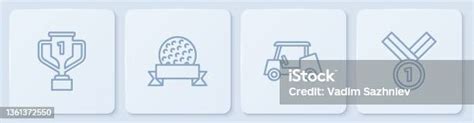 골프 골프 카 공과 메달 세트 라인 어워드 컵 흰색 정사각형 버튼 벡터 경쟁에 대한 스톡 벡터 아트 및 기타 이미지 경쟁