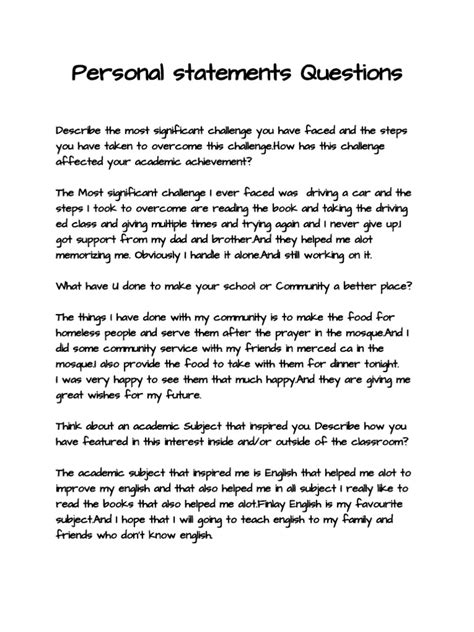 Personal Statements Questions Pdf