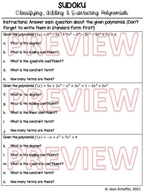Classifying Adding And Subtracting Polynomials Sudoku Puzzle Made By Teachers