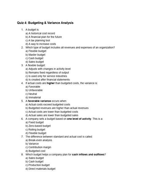 Budgeting And Variance Quiz Pdf