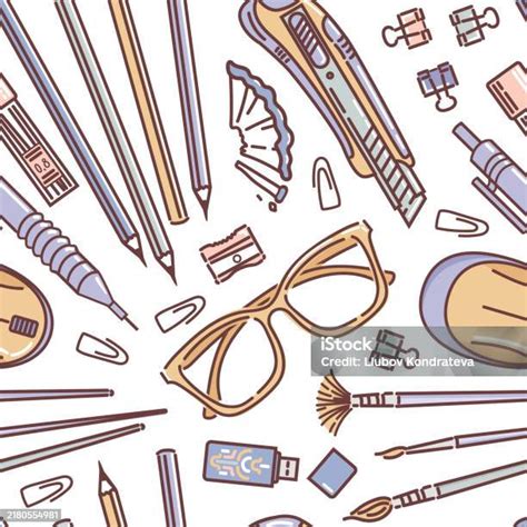 연필 연필깎이 종이 클립 Usb 드라이브 안경 커터 브러시를 포함한 문구류 용품이 포함된 이음새 없는 패턴입니다 교육 창의성과 관련된 디자인에 이상적입니다 신학기 Usb