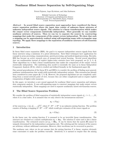 Pdf Nonlinear Blind Source Separation By Self Organizing Maps