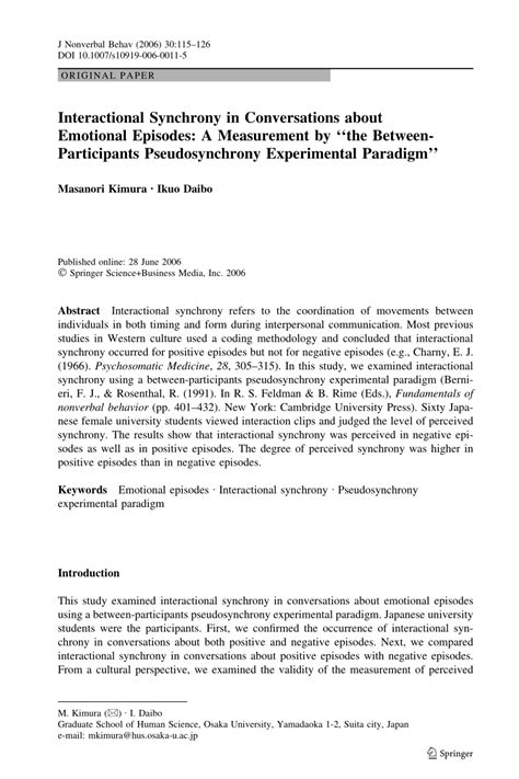 Pdf Interactional Synchrony In Conversations About Emotional Episodes Pdf Interactional Synchrony In Conversations About Emotional Episodes