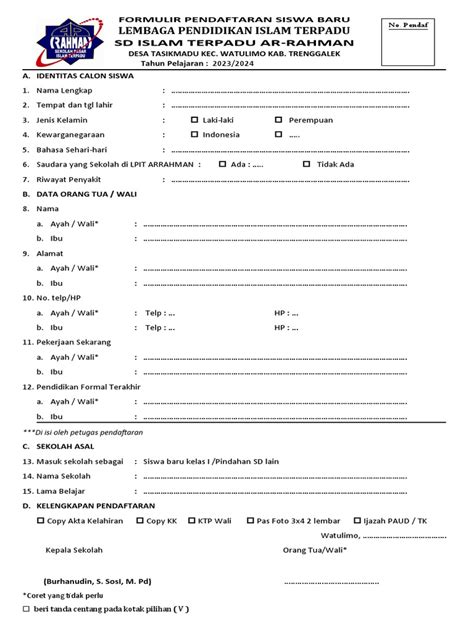 Formulir Pendaftaran Siswa Baru Pdf