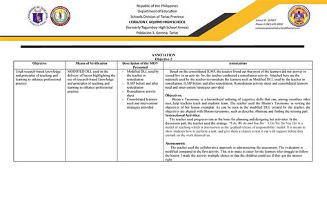 Annotation Objective ANNOTATION Objective Objective Means Of Verification Description Of