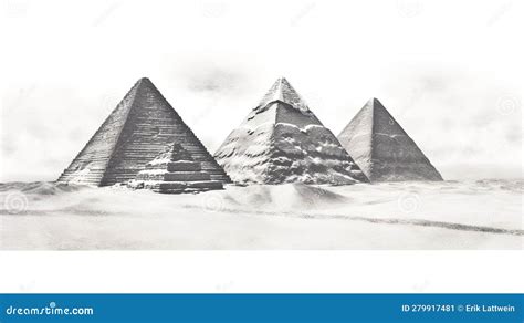 Pyramids Of Giza Egypt Illustration In Black And White Pencil Sketch