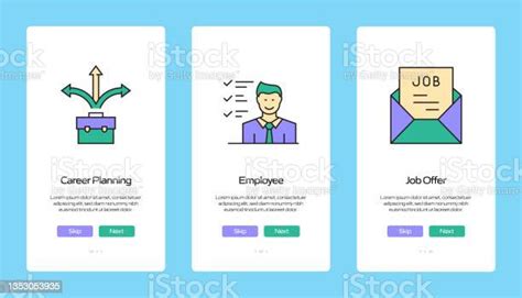 플랫 아이콘이 있는 모바일 앱 페이지 화면의 작업 및 이력서 개념 Ux Ui 디자인 템플릿 벡터 일러스트레이션 0명에 대한 스톡 벡터 아트 및 기타 이미지 Istock