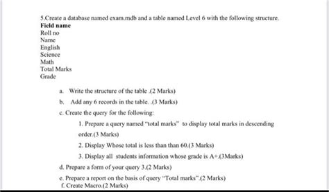 solved 5 create a database named exam mdb and a table named