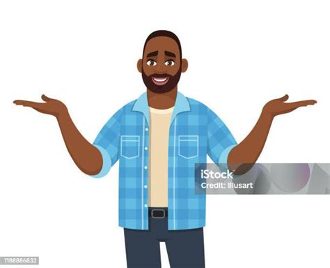 미소 아프리카 계 미국인 남자 제시 손 제스처입니다 공간을 복사하는 손을 펼치는 세련된 사람 남성 캐릭터 디자인 일러스트 다양한