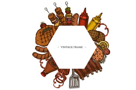 유색 주걱 돼지 갈비 케밥 소시지 스테이크 소스 병 구운 햄버거 패티 구운 토마토 구운 연어 스테이크 구운 피망이있는 프레임 갈비 음식에 대한 스톡 벡터 아트 및 기타