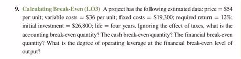 Solved 9 Calculating Break Even LO3 A Project Has The Chegg Com