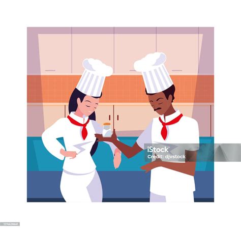 몇 명의 사람들이 요리 흰색 유니폼을 입은 요리사 부부 가정 주방에 대한 스톡 벡터 아트 및 기타 이미지 가정 주방 가정의 방 가축 Istock