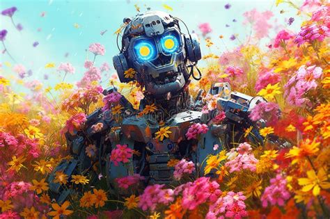 The Robot Smiles And Walks Through The Field With Flowers Generative Ai Stock Illustration