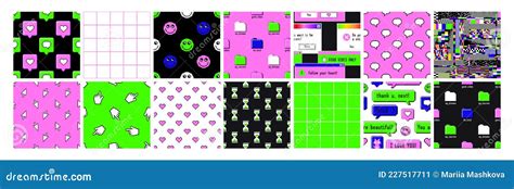 Old Computer Aestethic 1980s 1990s Set Of Seamless Patterns With