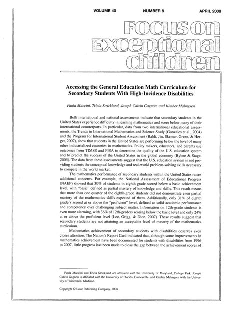 Pdf Accessing The General Education Math Curriculum For Secondary