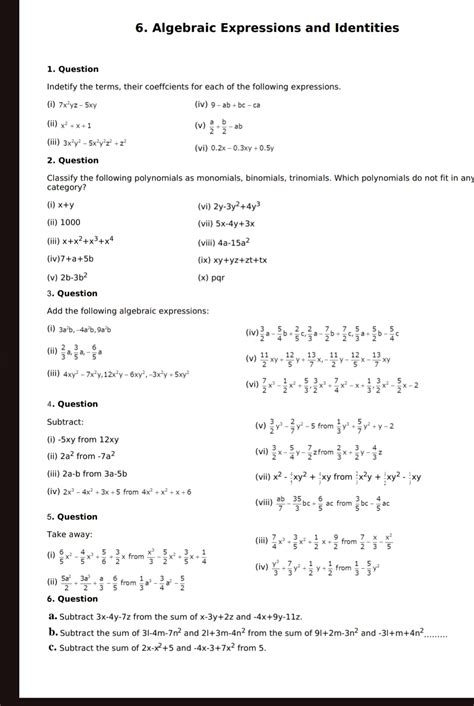 Algebraic Expressions And Identitiesquestionindetify The Terms Their