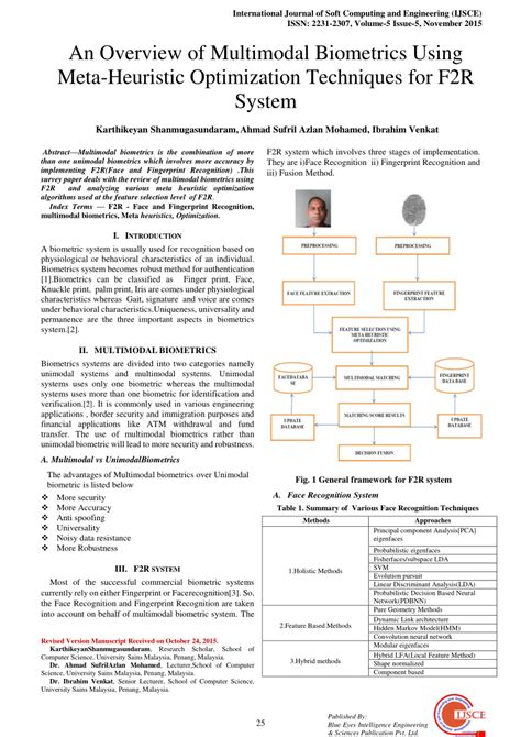 Pdf An Overview Of Multimodal Biometrics Using Meta Heuristic Optimization Techniques For F2r