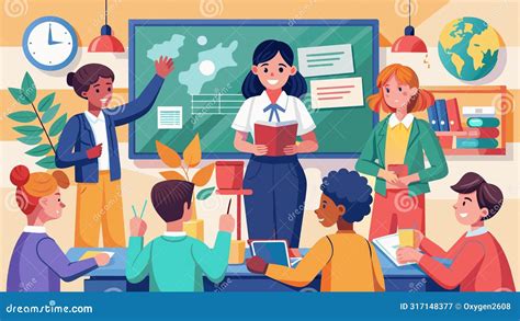 Engaged Students In A Colorful Classroom Learning Environment Stock