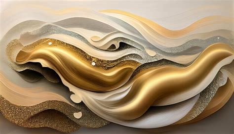 다양한 크기와 색상의 추상 유체 구성 파도의 생성 Ai 삽화는 회갈색 아이보리 흰색 베이지색과 부드러운 금색 금색 반짝이