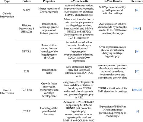 Summary Of Gene And Protein Interventions For Chondrocyte Hypertrophy