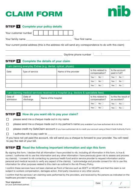 Nib Health Insurance Claim Form Private Health Cover