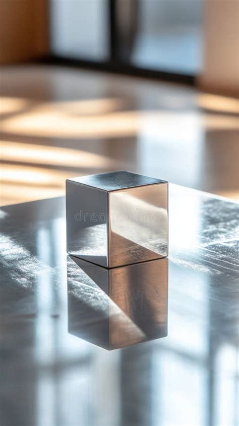 Metallic Cube On Reflective Surface In Sunlight Abstract Design Concept Stock Image Image Of