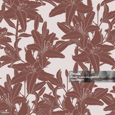 백합 꽃의 손으로 그린 스케치 그림이 매끄러운 패턴입니다 꽃 갈색 선 배경 직물 섬유 디자인 결혼식에 대 한 배경 요소 0명에 대한 스톡 벡터 아트 및 기타 이미지 Istock